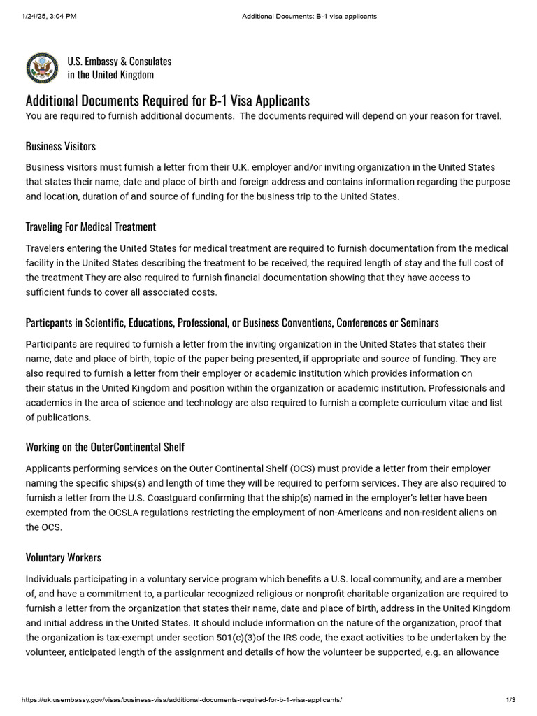 B-1 Visa Application Document Checklist | PDF | Employment | Travel Visa