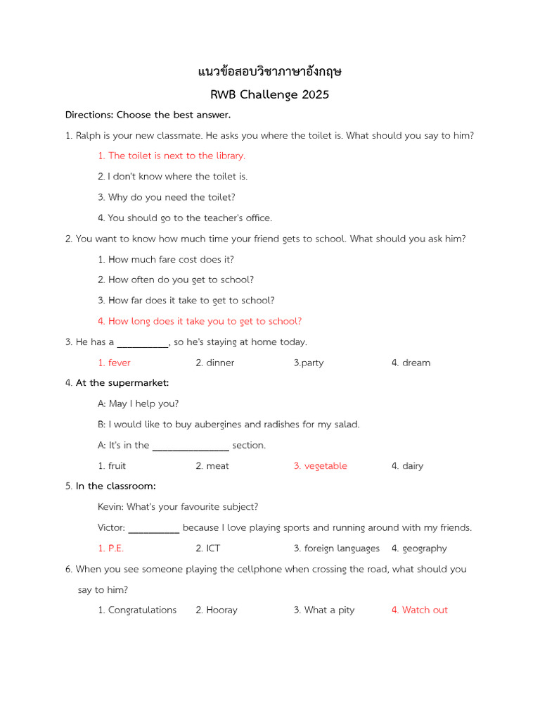แนวข้อสอบวิชาภาษาอังกฤษ RWB Challenge 2025 | PDF
