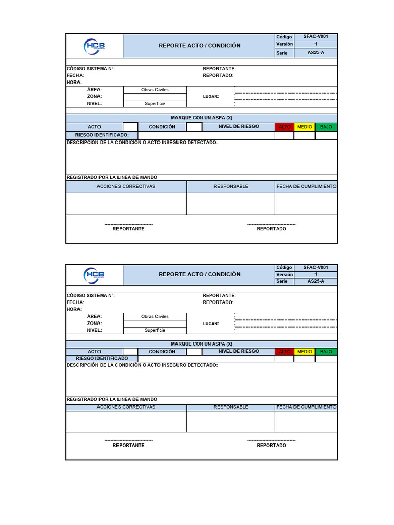 Formato ANVERSO Y REVERSO REPORTE DE ACTOS Y CONDICIONES HCB 2025 | PDF