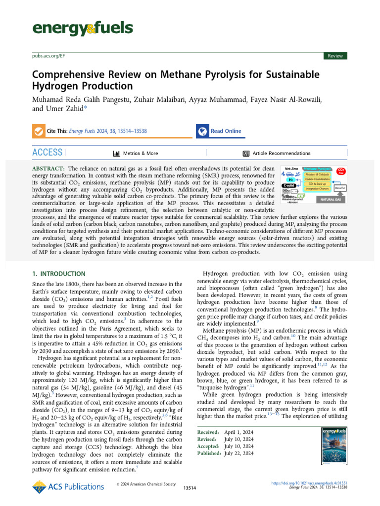 5 Comprehensive Review on Methane Pyrolysis for SustainableHydrogen ...