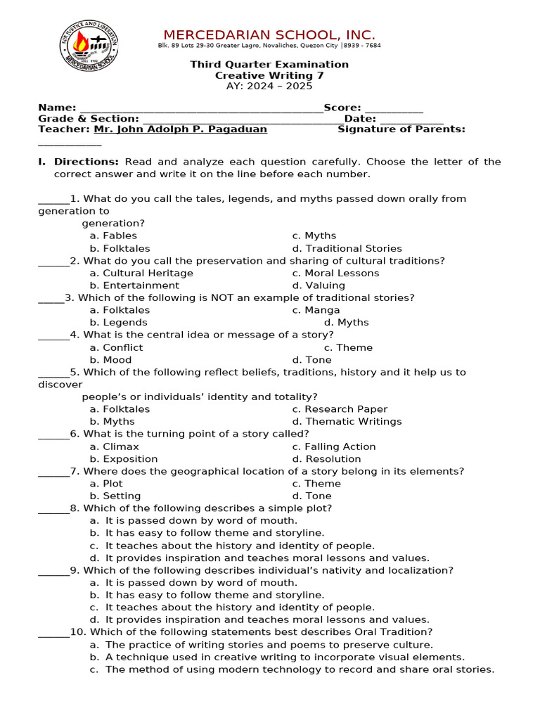 Creative Writing 7 - 3rd Quarter Exam | PDF | Legends | Oral Tradition