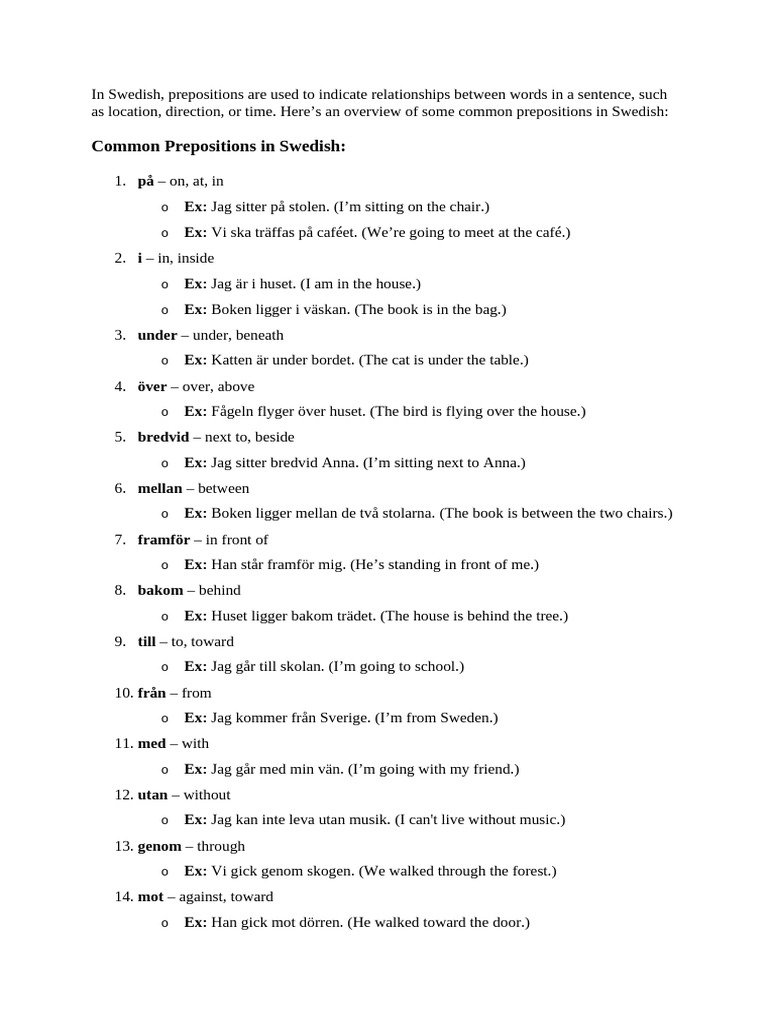 Prepositions in Swedish | PDF