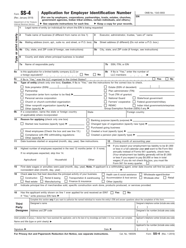 Form SS-4 | PDF | Withholding Tax | Business