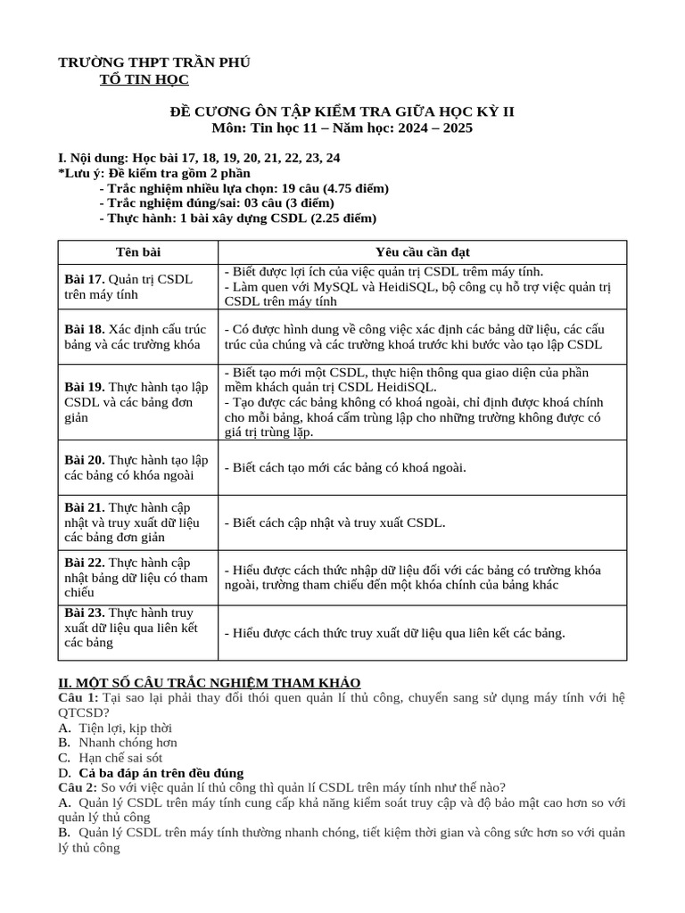 GV - k11 - de Cuong GKII - Tin 11 | PDF