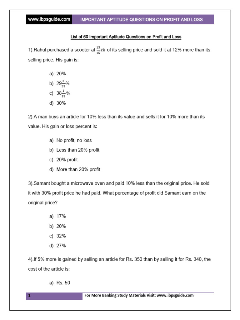 Key Aptitude Questions on Profit & Loss | PDF | Investing | Profit ...