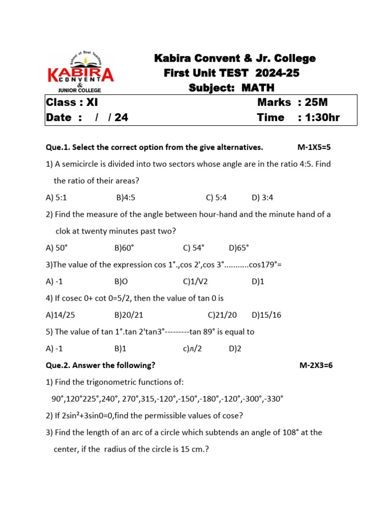 First Unit Test Math 25m 2024-25 | PDF