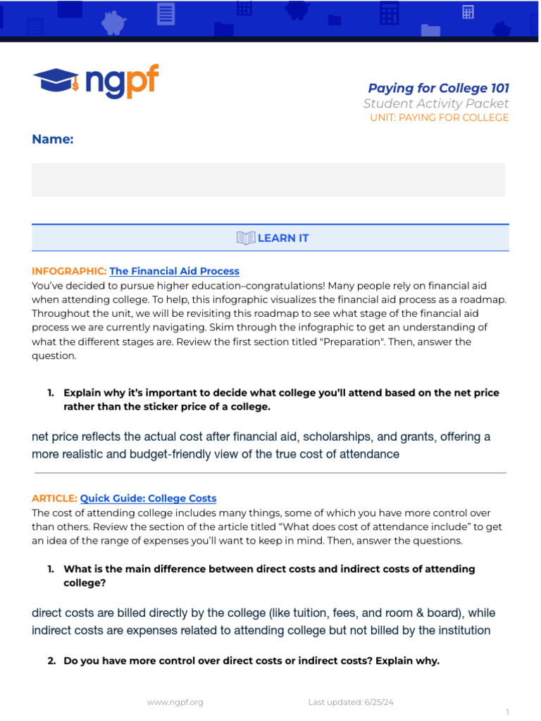 Paying for College: Key Insights and Activities | PDF