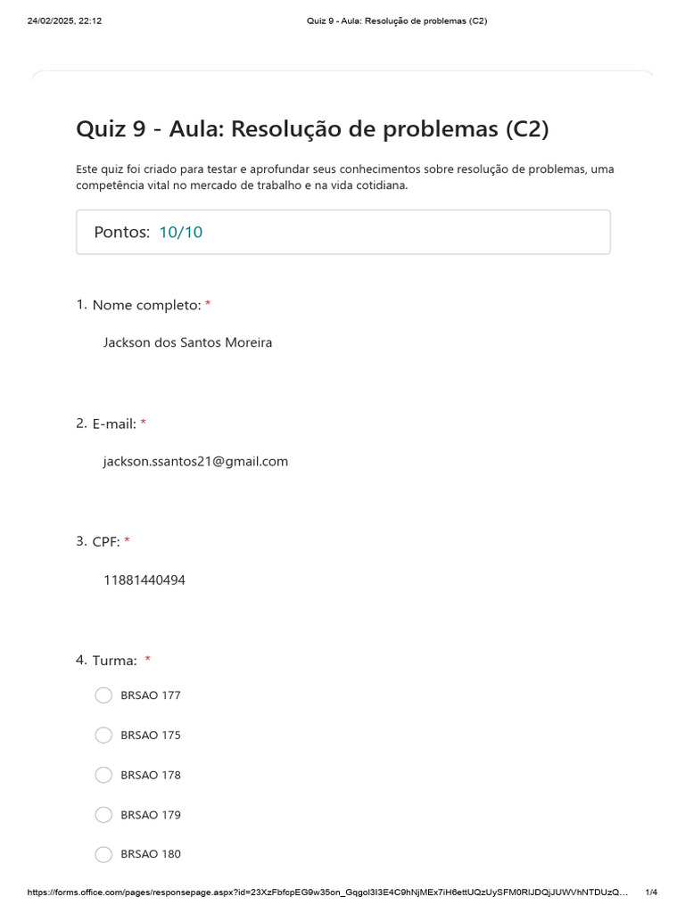 Quiz 9 - Aula_ Resolução de Problemas (C2) | PDF