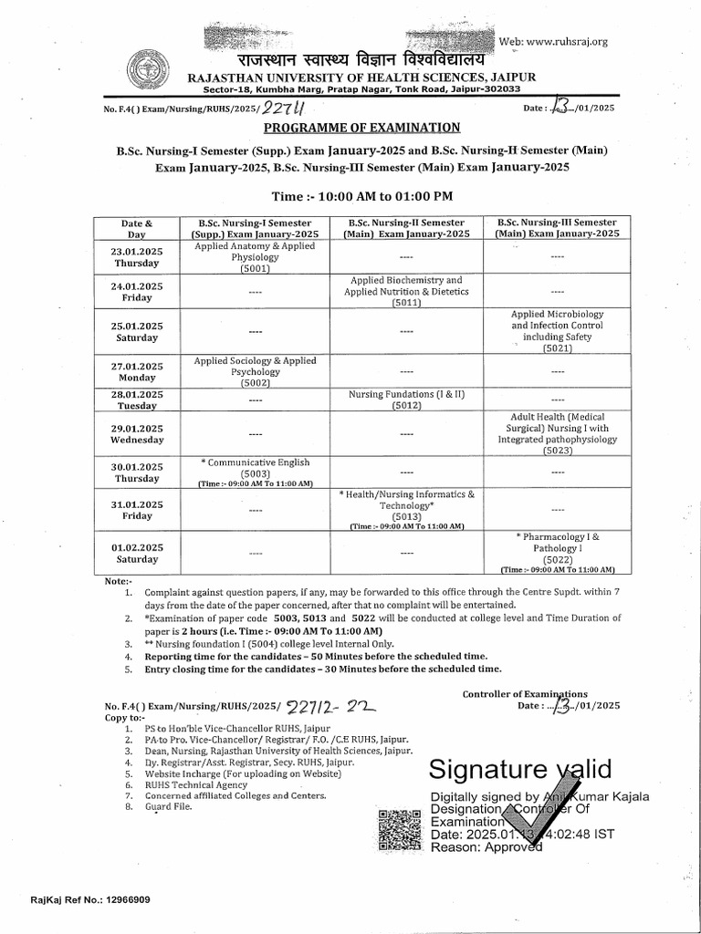 Time Table B SC Nursing II Semester Main, III Semester Main, I Semester | PDF