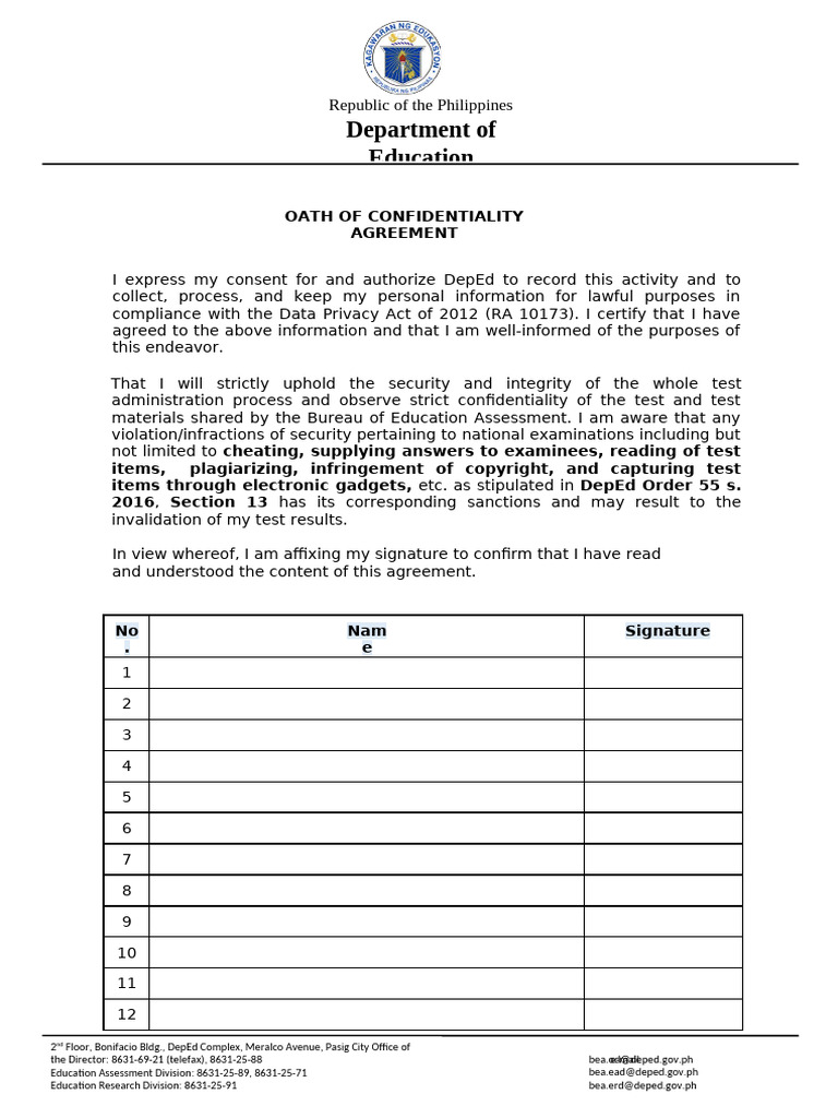 DepEd Confidentiality Agreement Form | PDF