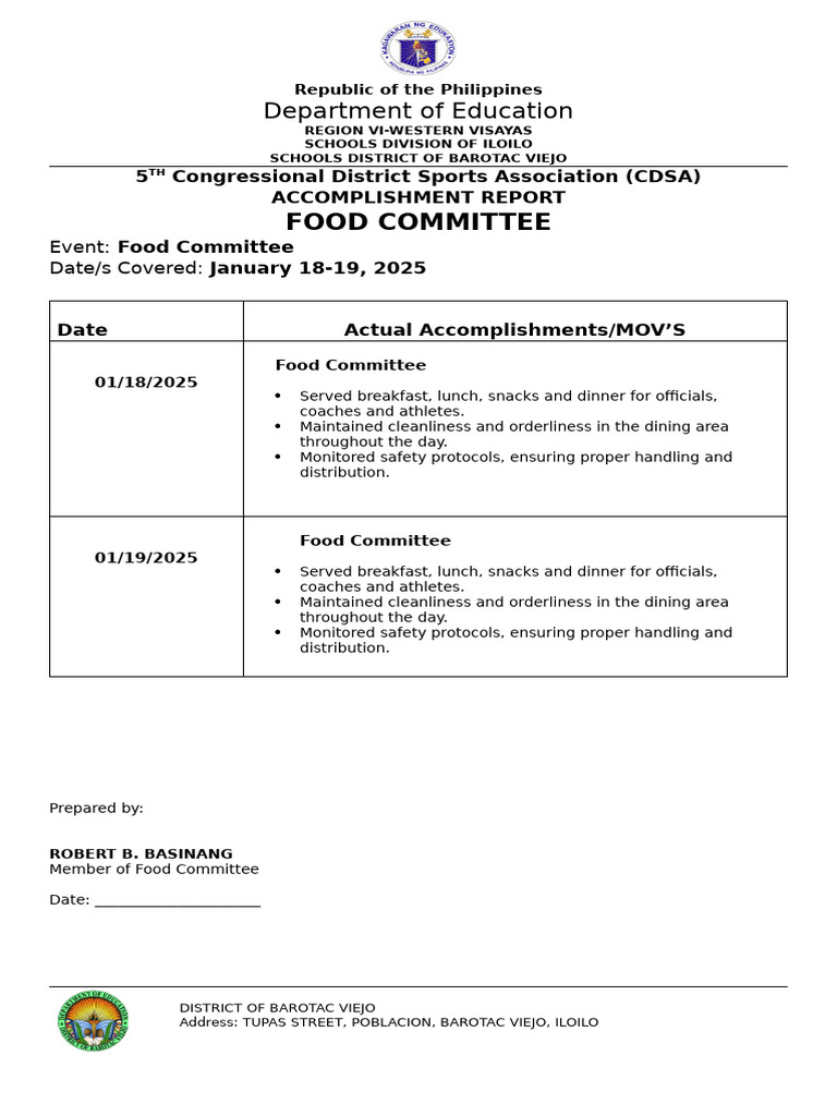 Accomplishment REport Food Committee | PDF