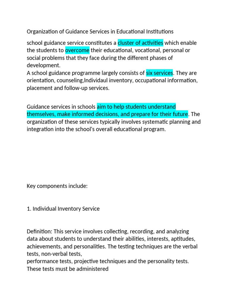 Organization of Guidance Services in Educational Institutions | PDF ...