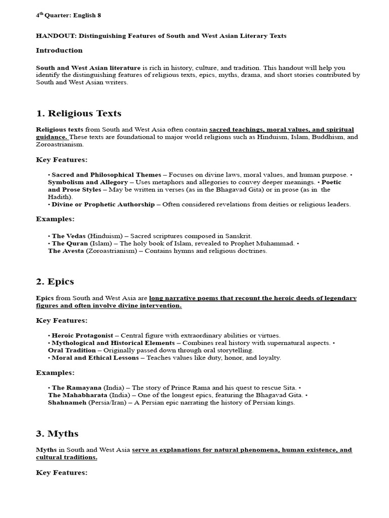 Handout - Distinguishing Features of South and West Asian Literary ...