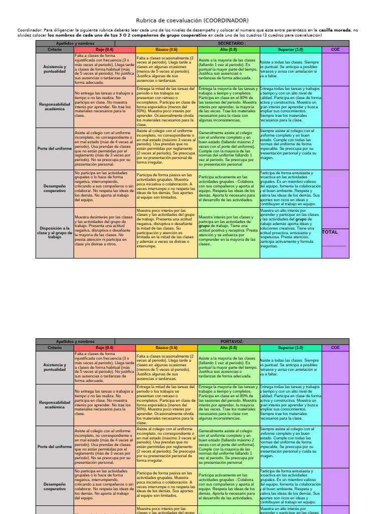 Rúbrica para COEVALUACIÓN (COORDINADORES) | PDF