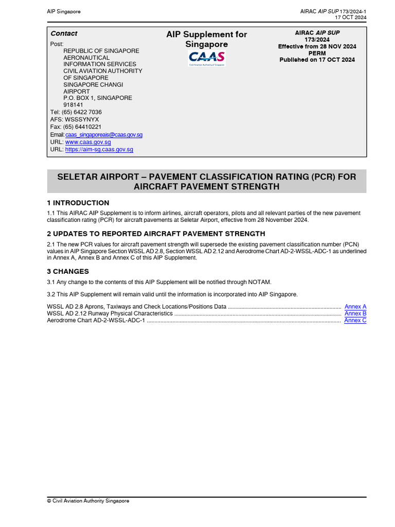 Singapore Airac Aip Sup 2024 173 - Seletar Airport - Pavement ...