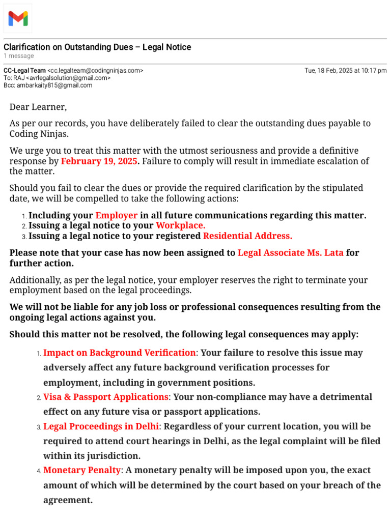 Gmail - Clarification On Outstanding Dues - Legal Notice | PDF | Common Law | Justice