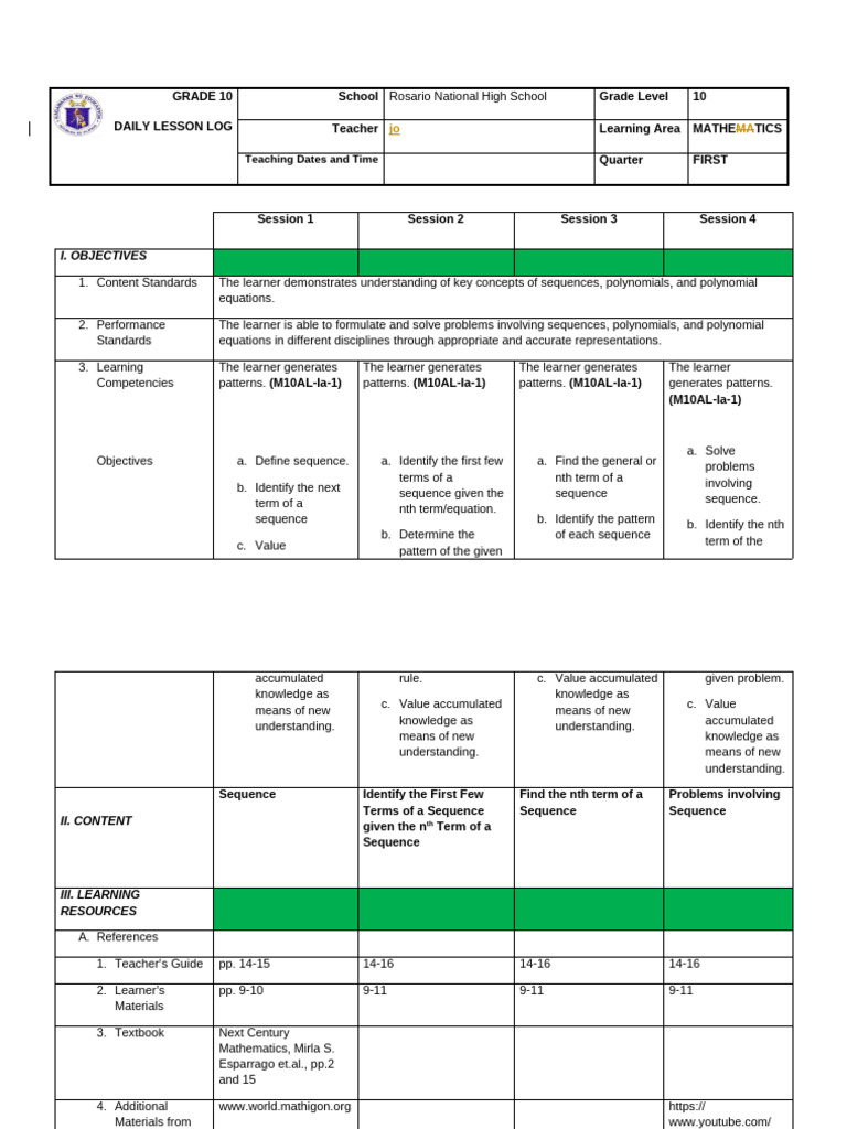 Grade 10 Math Lesson on Sequences | PDF | Learning | Sequence