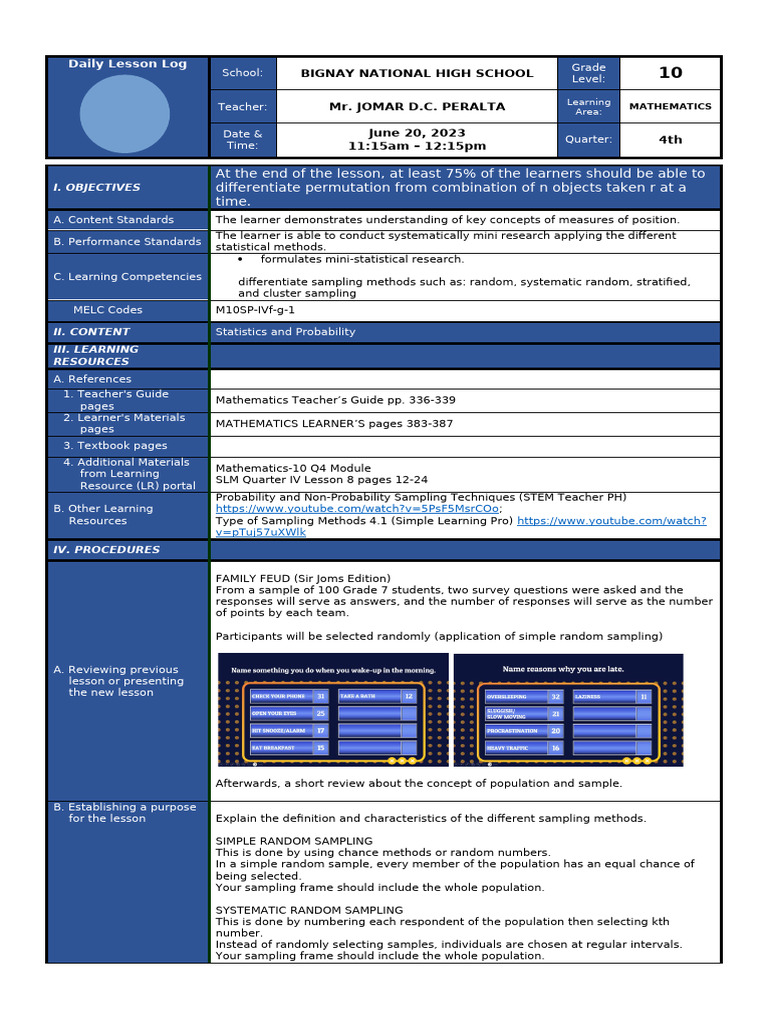 DLL Q4 W8 - Cot 4TH Sampling | PDF | Sampling (Statistics) | Cognition