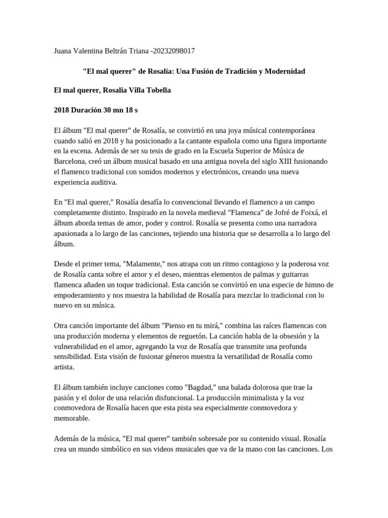Reseña El Mal Querer | PDF | Canciones | Musica Popular