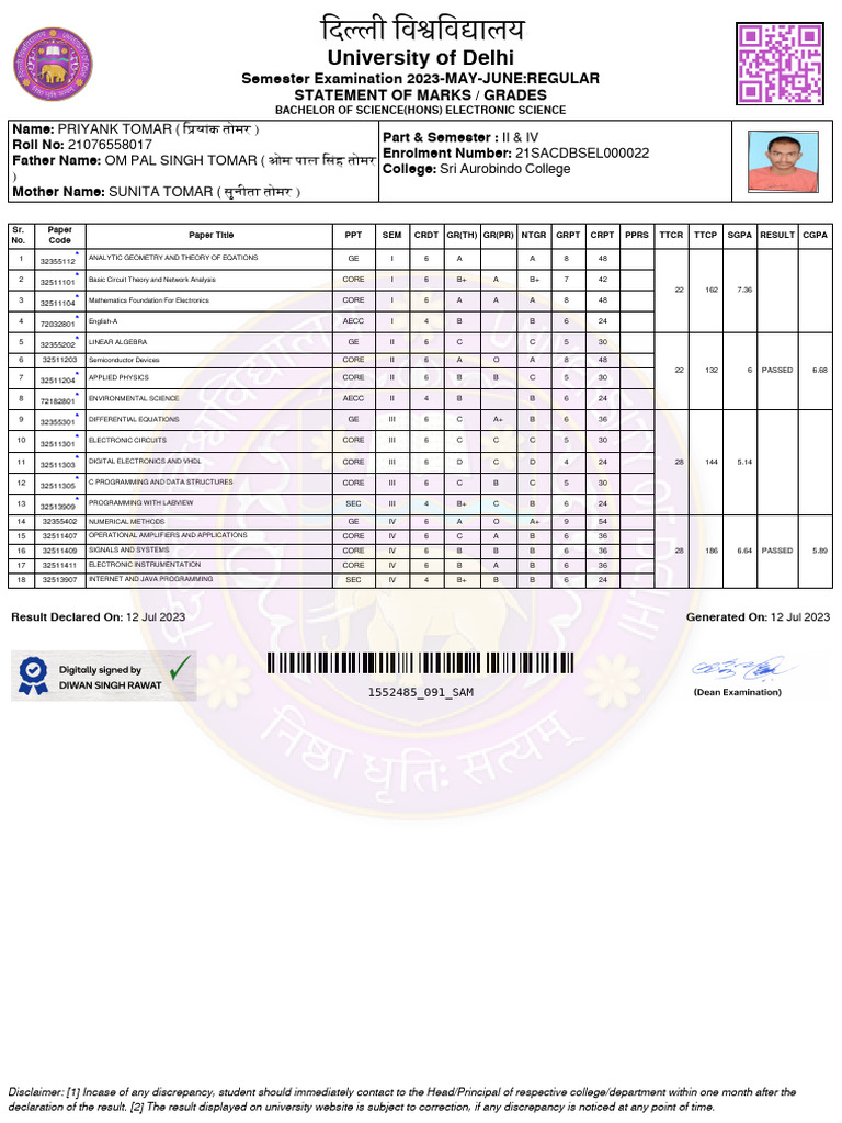 University of Delhi: Semester Examination 2023-MAY-JUNE:REGULAR Statement of Marks / Grades ...