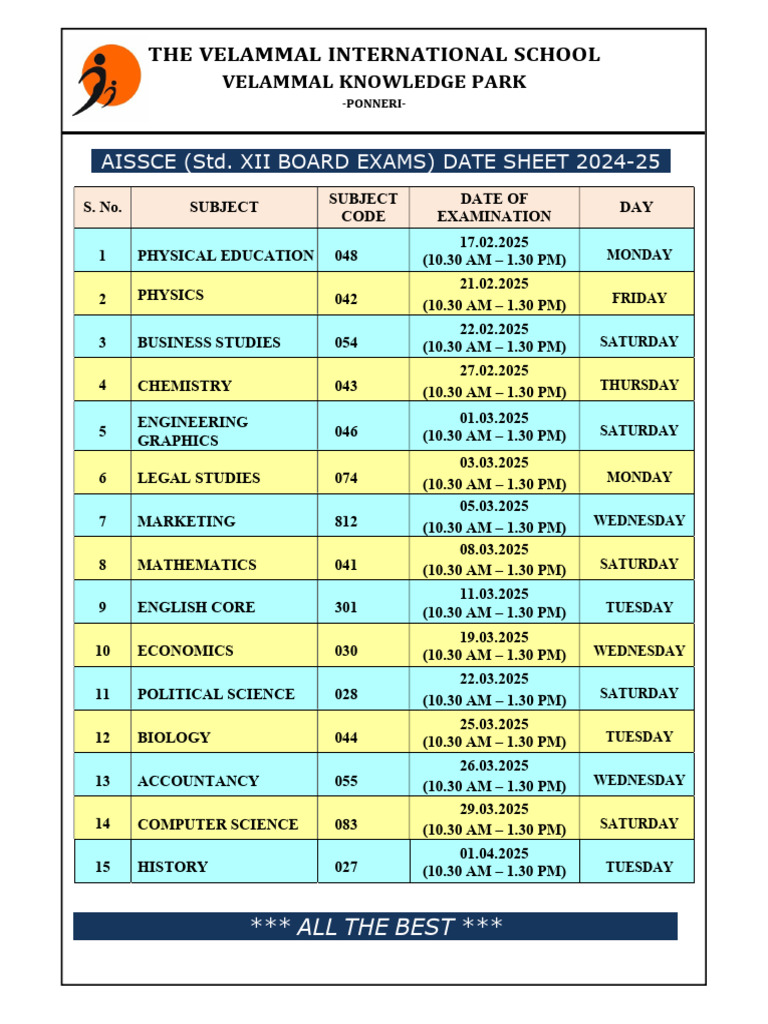 cbse 12 exam timetable | PDF