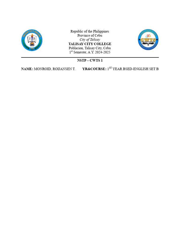 Talisay City College NSTP CWTS 1 Details | PDF
