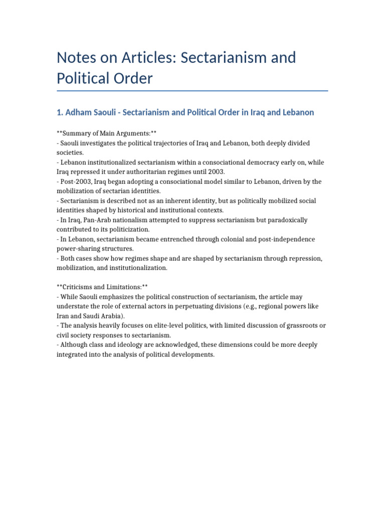 Notes On Sectarianism Articles | PDF | Sectarianism | Political Science