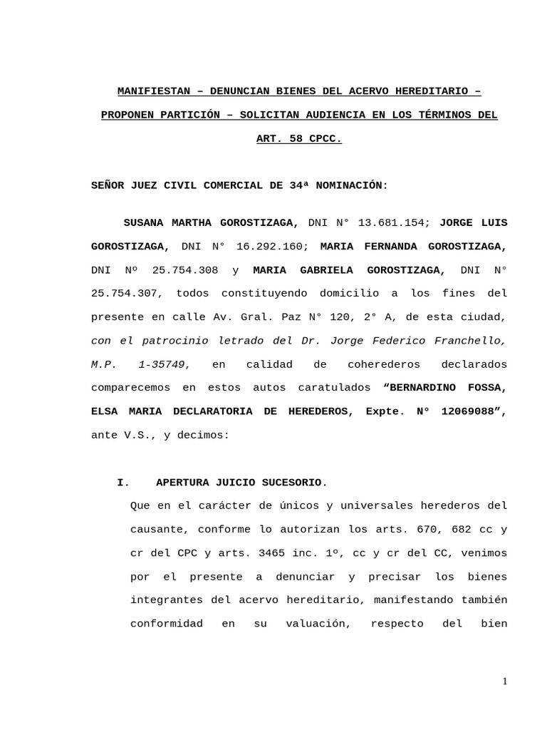 Adjudicación Hereditaria - Fossa Bernardina - Decla 2024 | PDF | Derecho privado | Ley de ...
