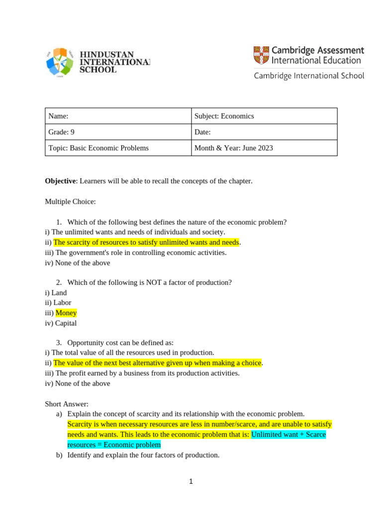 Basic Economic Problems for 9th Grade | PDF