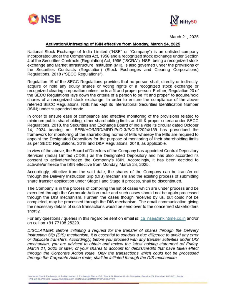 ISIN Activation Notice for NSE | PDF | Stock Exchange | Securities ...