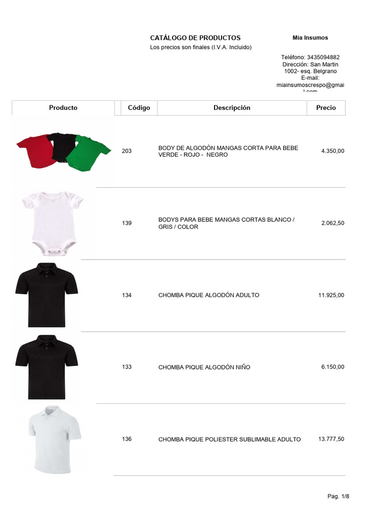 Lista Indumentaria Verano 2024 - Mia Insumos | PDF