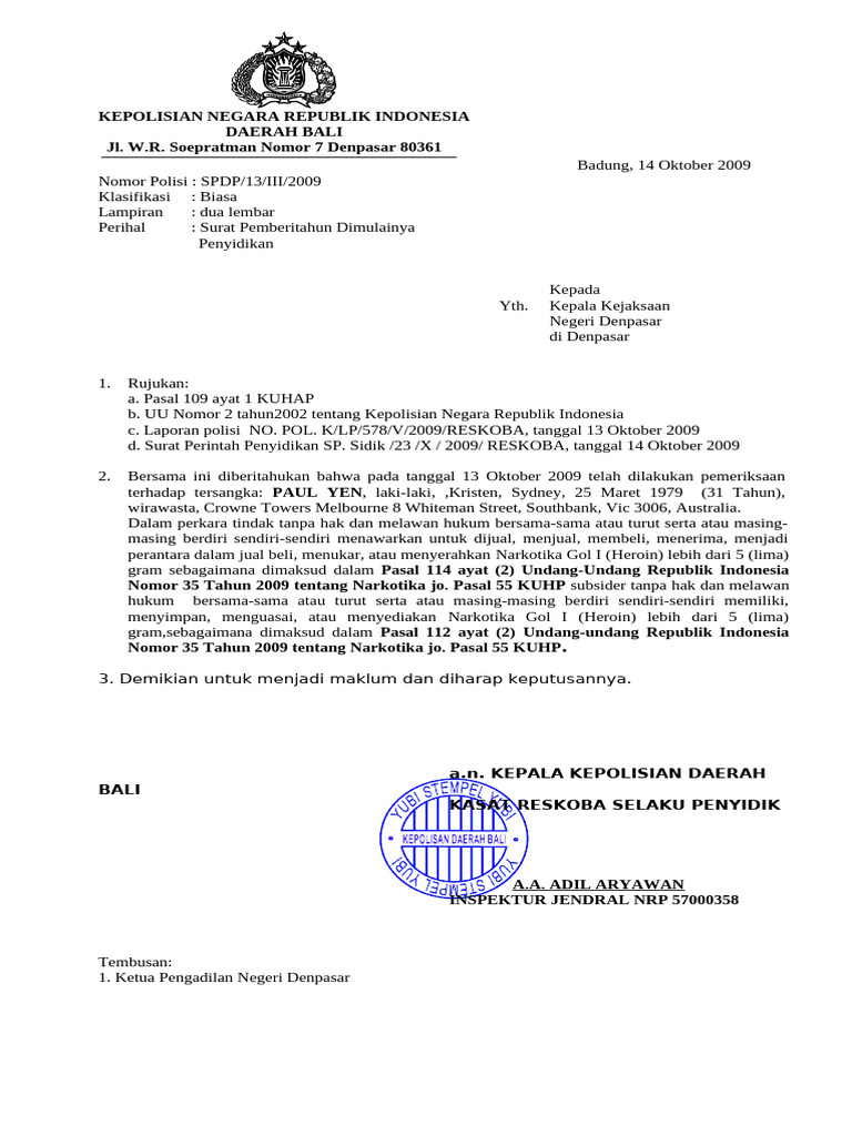 Surat Pemberitahuan Penyidikan Narkotika | PDF