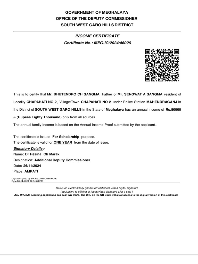 Income Certificate Certificate No.: MEG-IC/2024/46026 | PDF