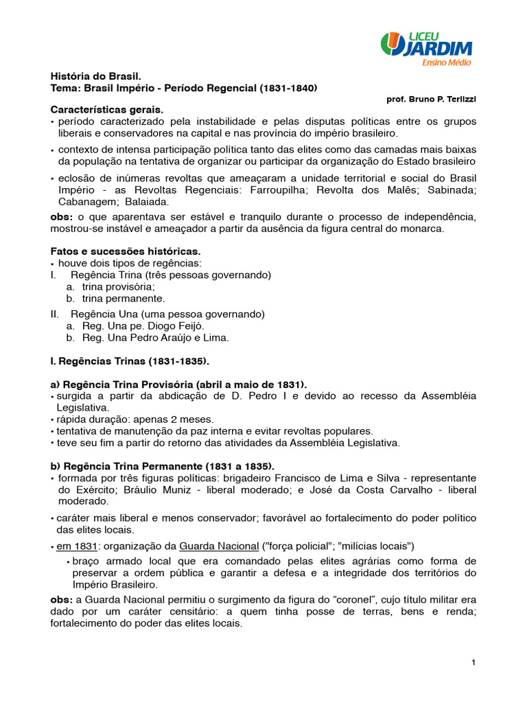 Plano de Aula 06 - Período Regencial (1831-1840) | PDF | Brasil