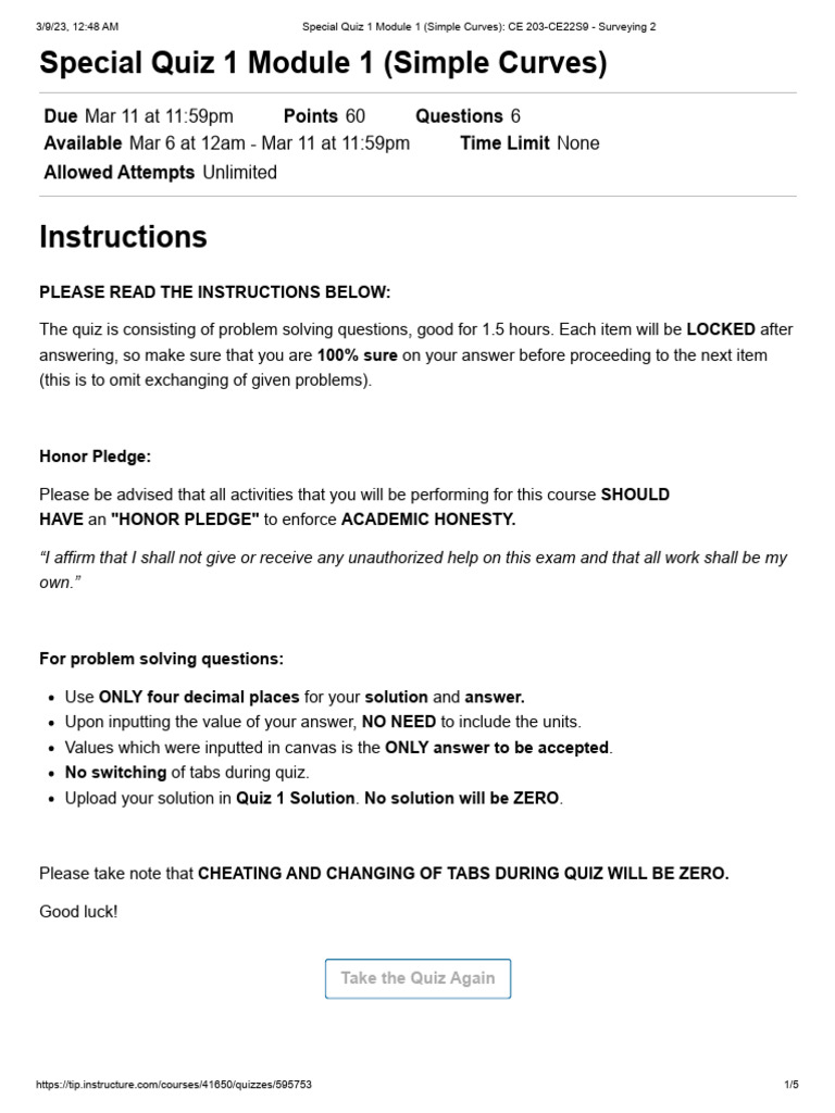 Special Quiz 1 Module 1 Simple Curves - CE 203 CE22S9 Surveying 2 | PDF ...