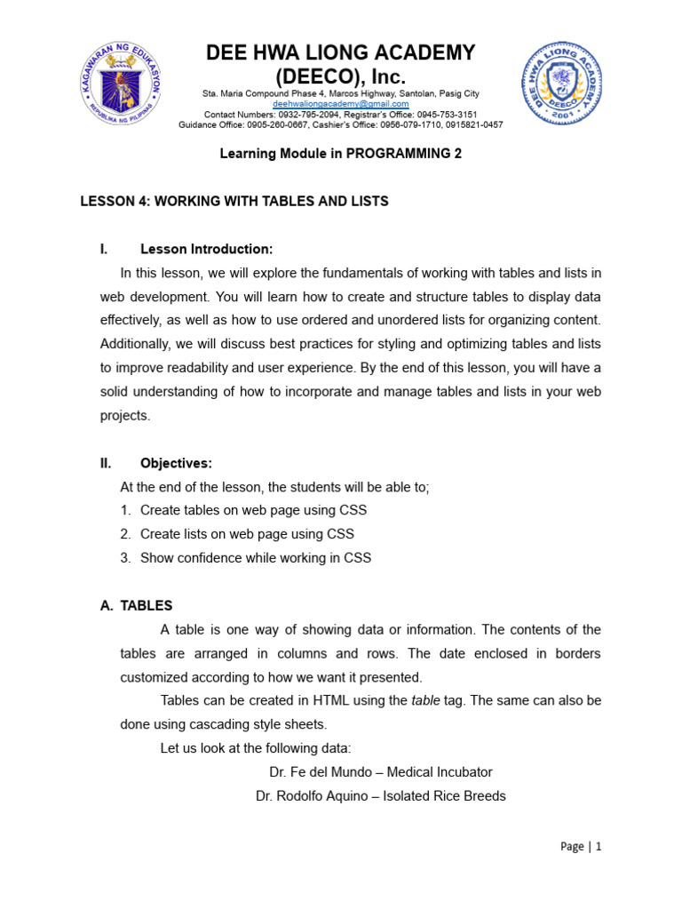 Programming 2: Tables and Lists Guide | PDF | Html Element | Computer ...