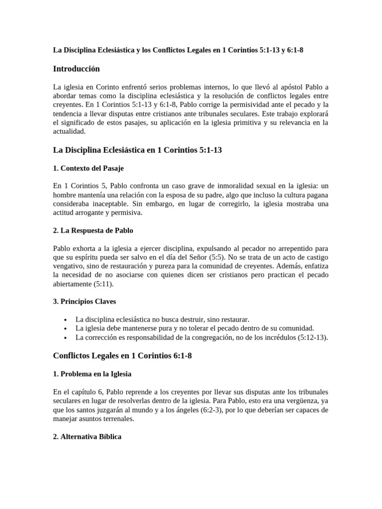 La Disciplina Eclesiástica y los Conflictos Legales en 1 Corintios 5 | PDF | Primera epístola a ...