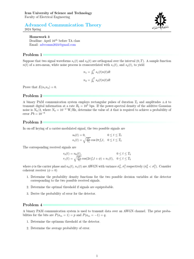 Advanced Communication Theory: Problem 1 | PDF | Telecommunications ...