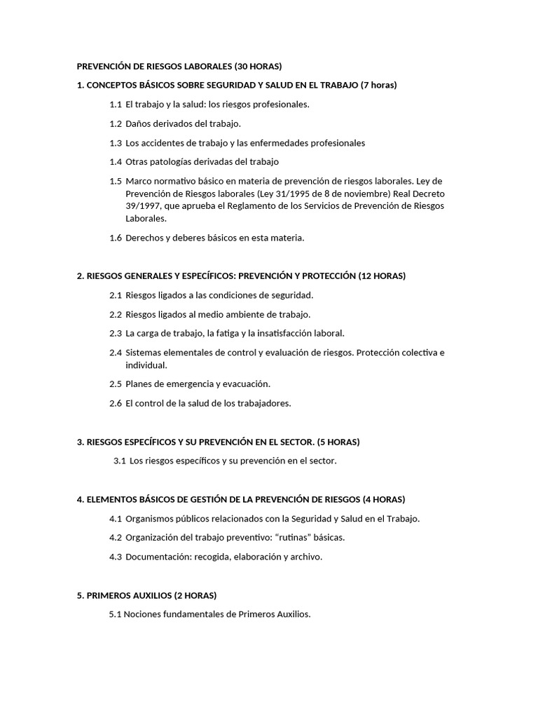 CURSO PRL BÁSICO 30 H ÍNDICE | PDF