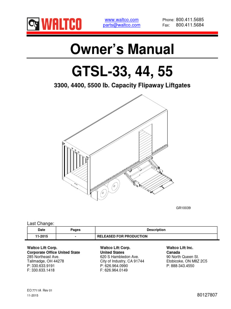 OM WALTCO GTSL-Series Owners Manual EN-US 151119-w Original 85082 ...