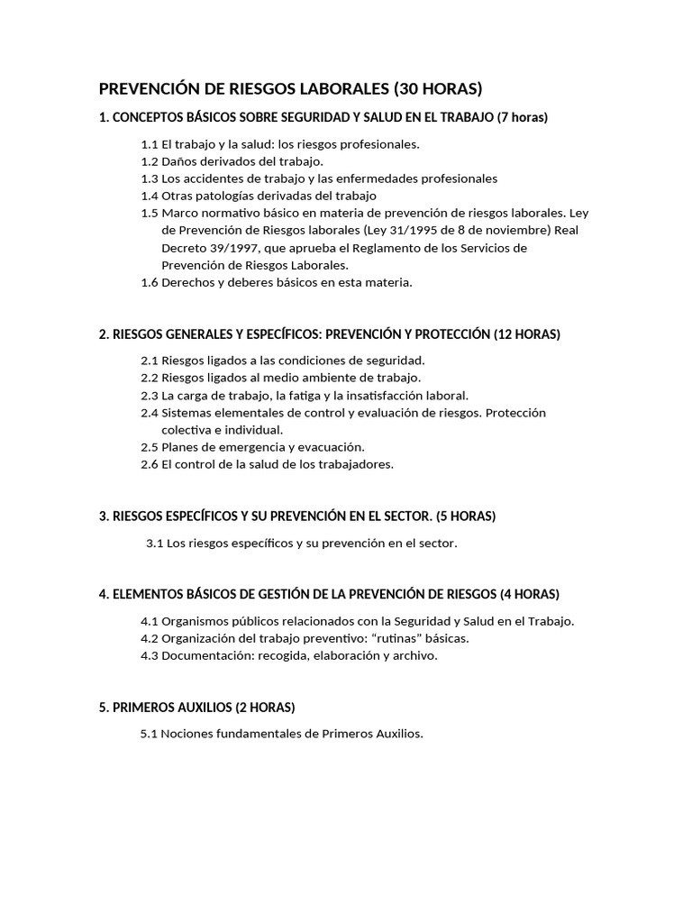 Curso Prl Básico 30 h Objetivos | PDF | Seguridad y salud ocupacional | La seguridad