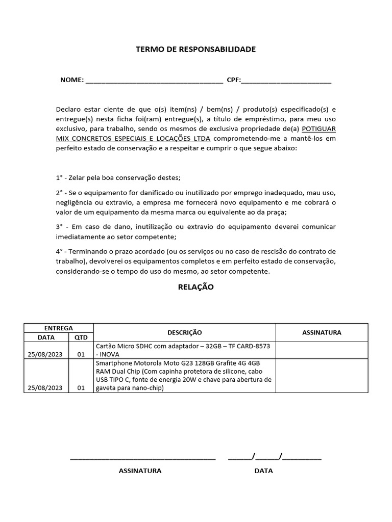 TERMO DE RESPONSABILIDADE | PDF