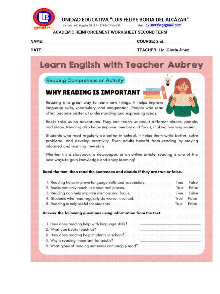 2nd ACADEMIC REINFORCEMENT WORKSHEET SECOND TERM | PDF
