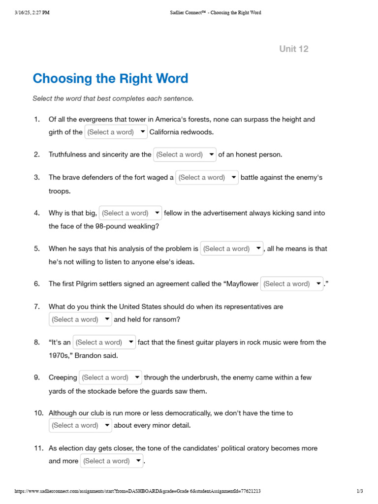 Sadlier Connect™ - Choosing The Right Word | PDF