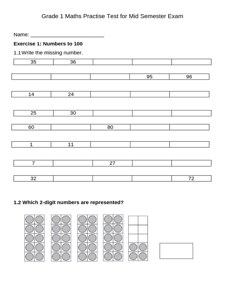 Grade 1 Mid-Semester Math Test | PDF