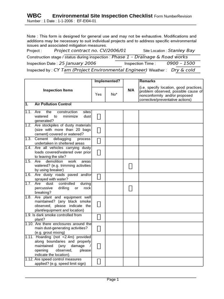 Environmental Inspection Checklist | PDF | Dust | Environmental Issues