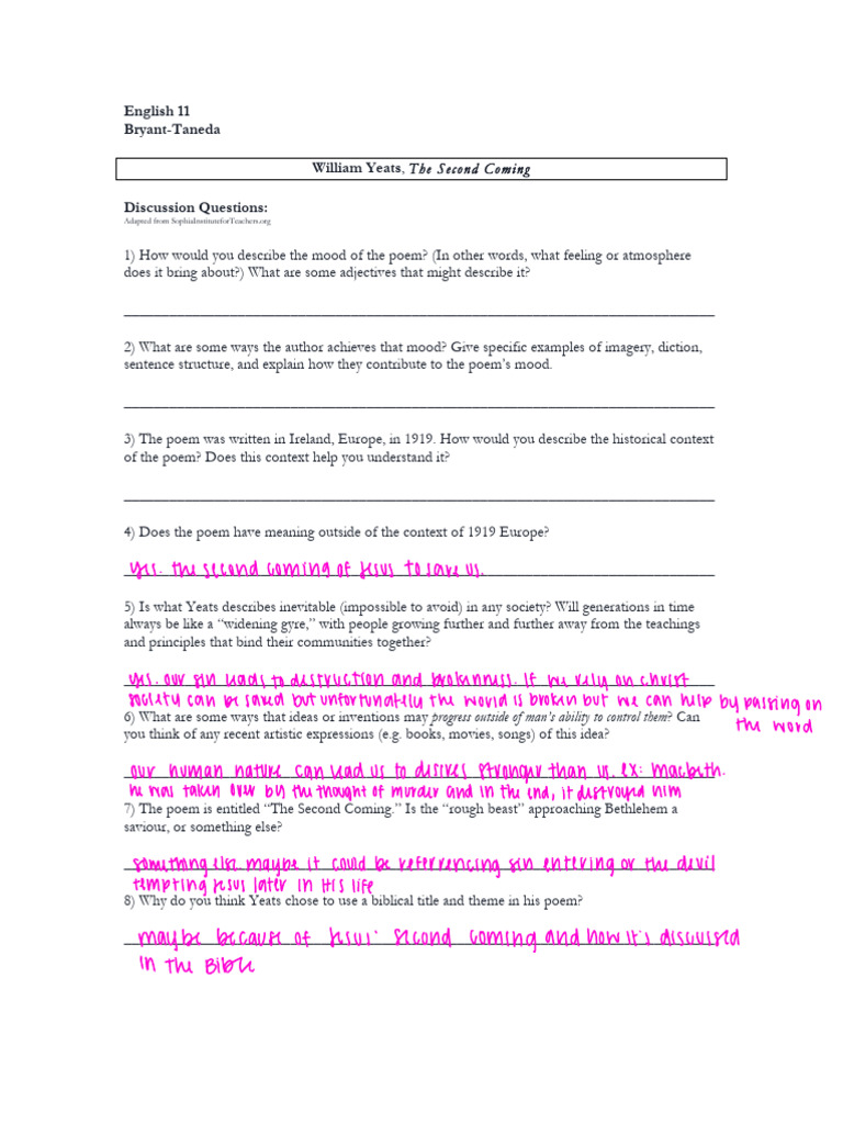 Yeats' The Second Coming: Discussion Guide | PDF