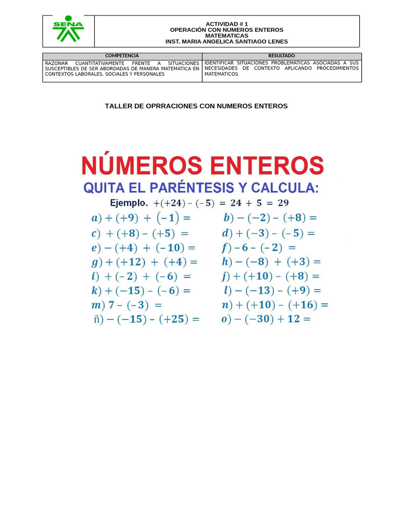 Operación Con Numeros Enteros | PDF