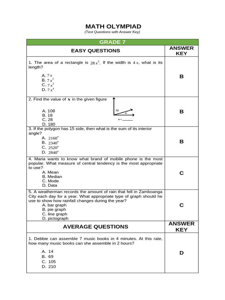 Grade 7-Test Question Math Olympiad | PDF | Mathematical Relations ...