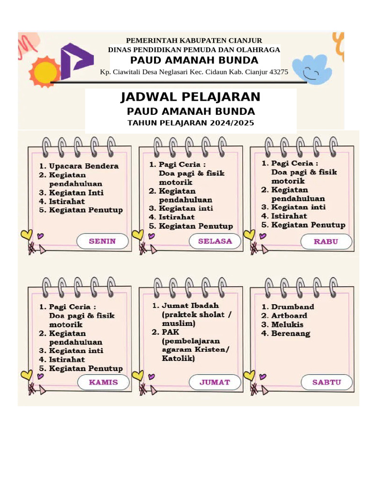 Jadwal Pelajaran PAUD 2024/2025 | PDF